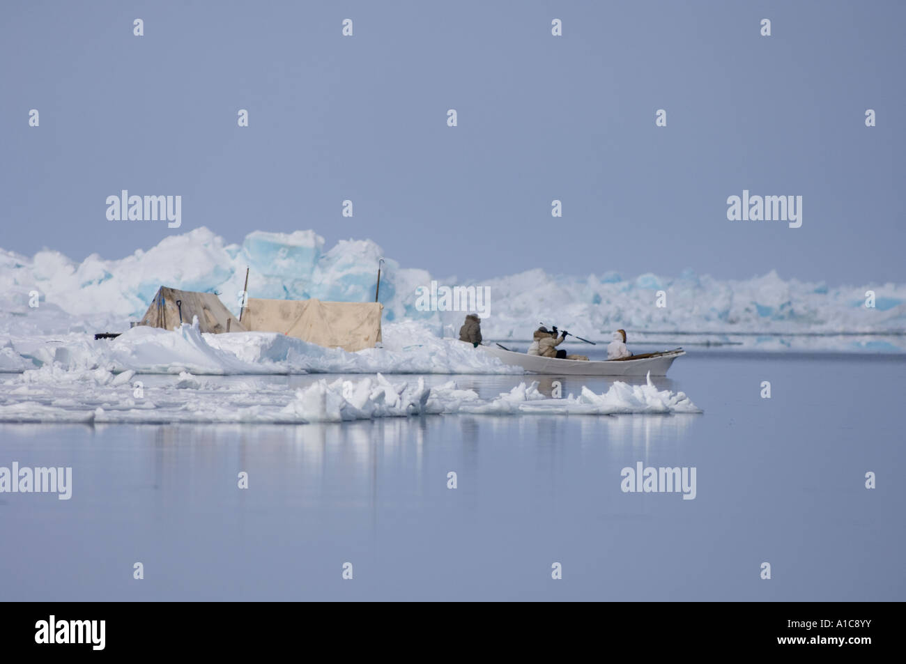 Savik whaling crew camp at the edge of an open lead on the frozen ...