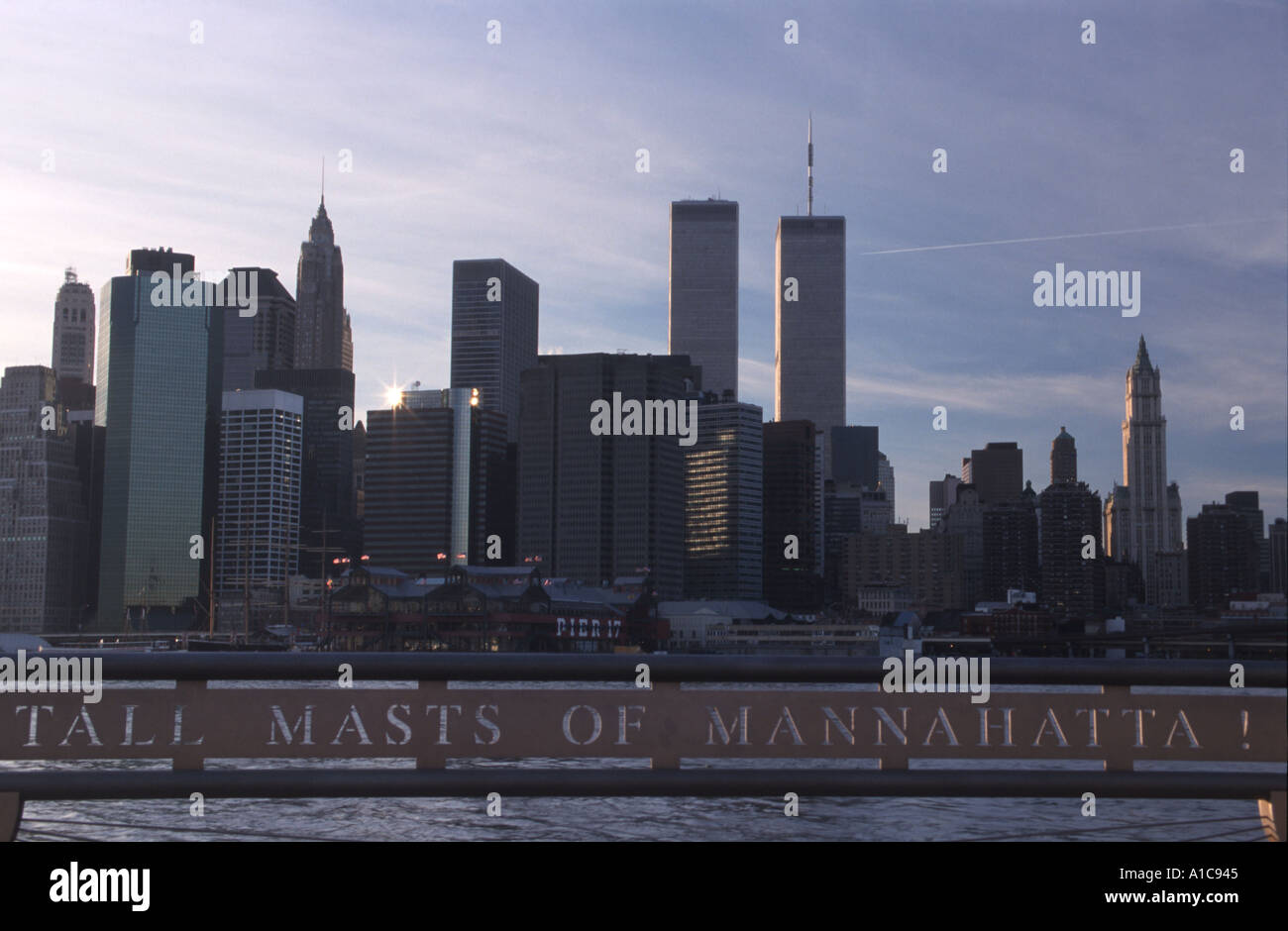 Manhattan skyline with World Trade Center (WTC) in sunset light from ...