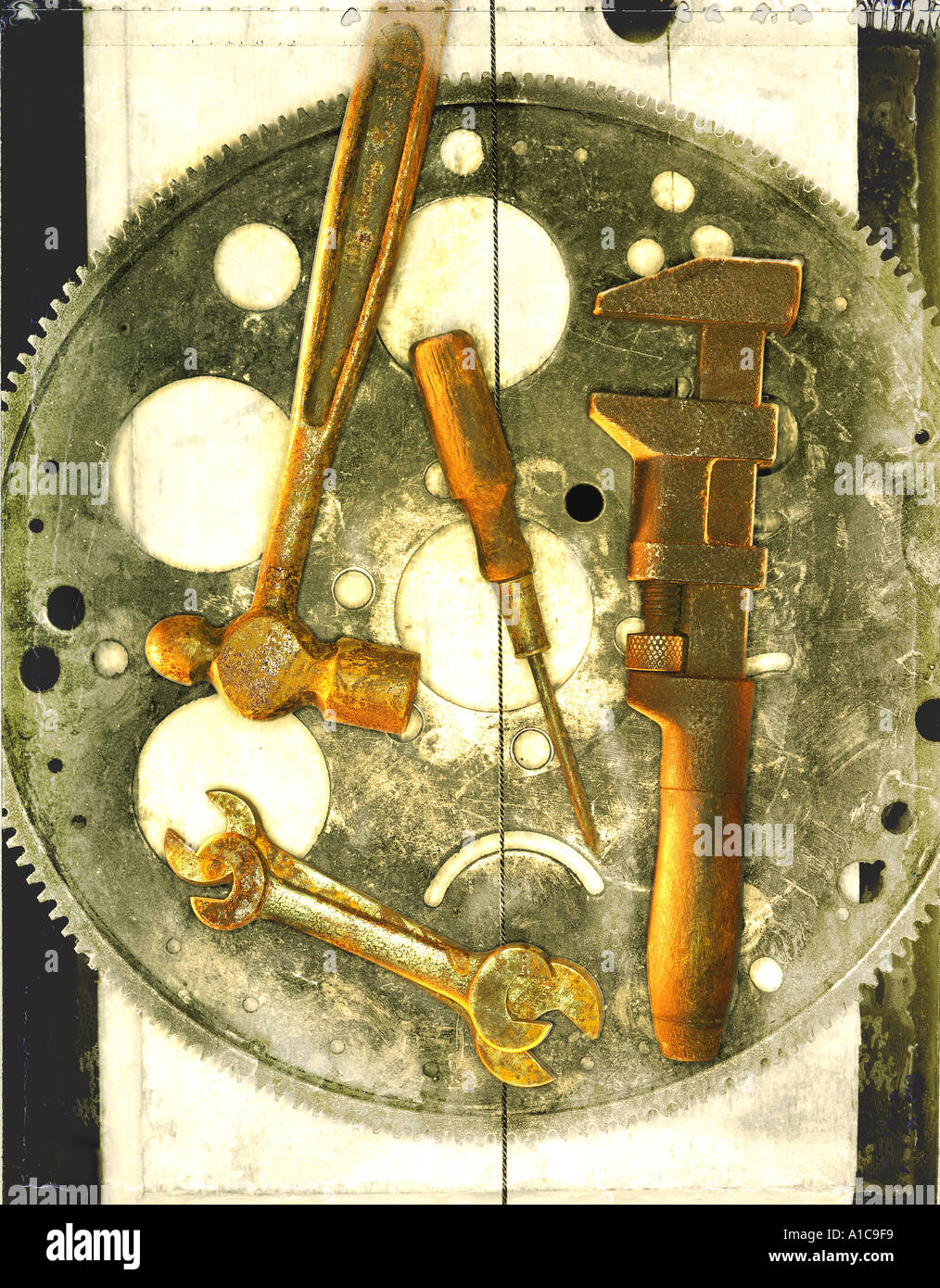 Old tools on a large gear Stock Photo - Alamy