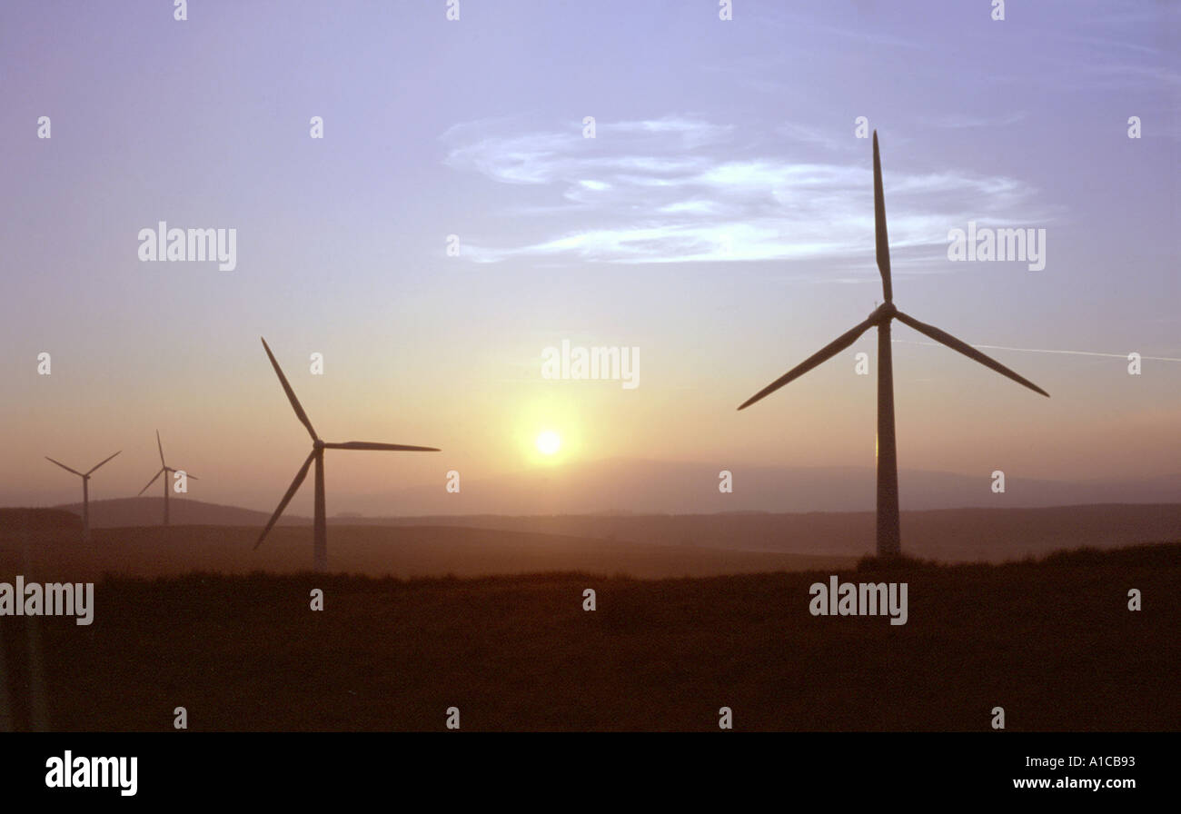 Sunset view of wind turbines at Carno Windfarm near Newtown in Powys ...