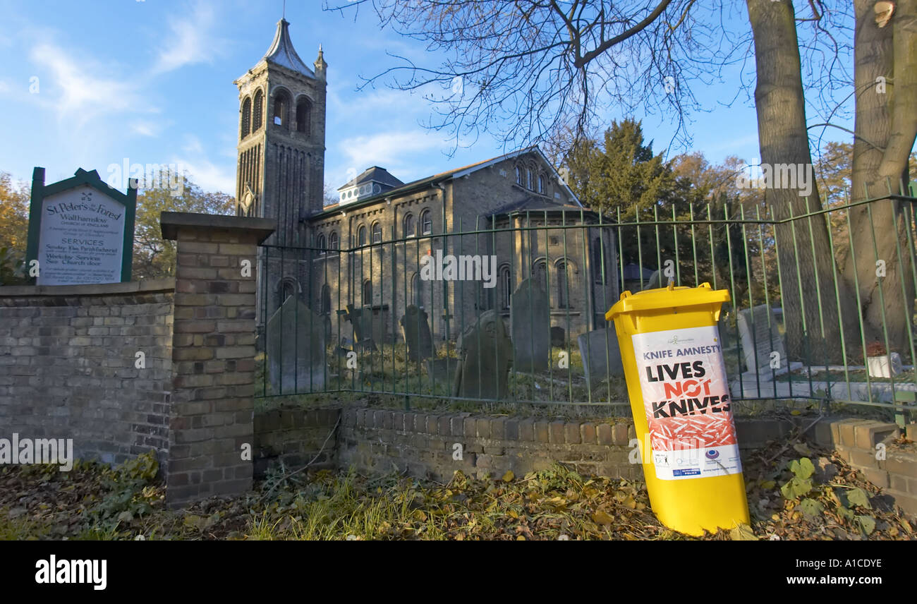Lives not knives Knife amnesty bin in front Church in East London UK ...