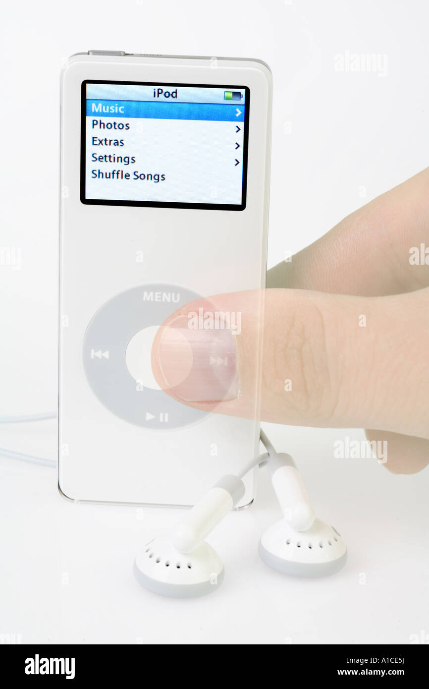 Ipod nano with hand pushing button Stock Photo - Alamy