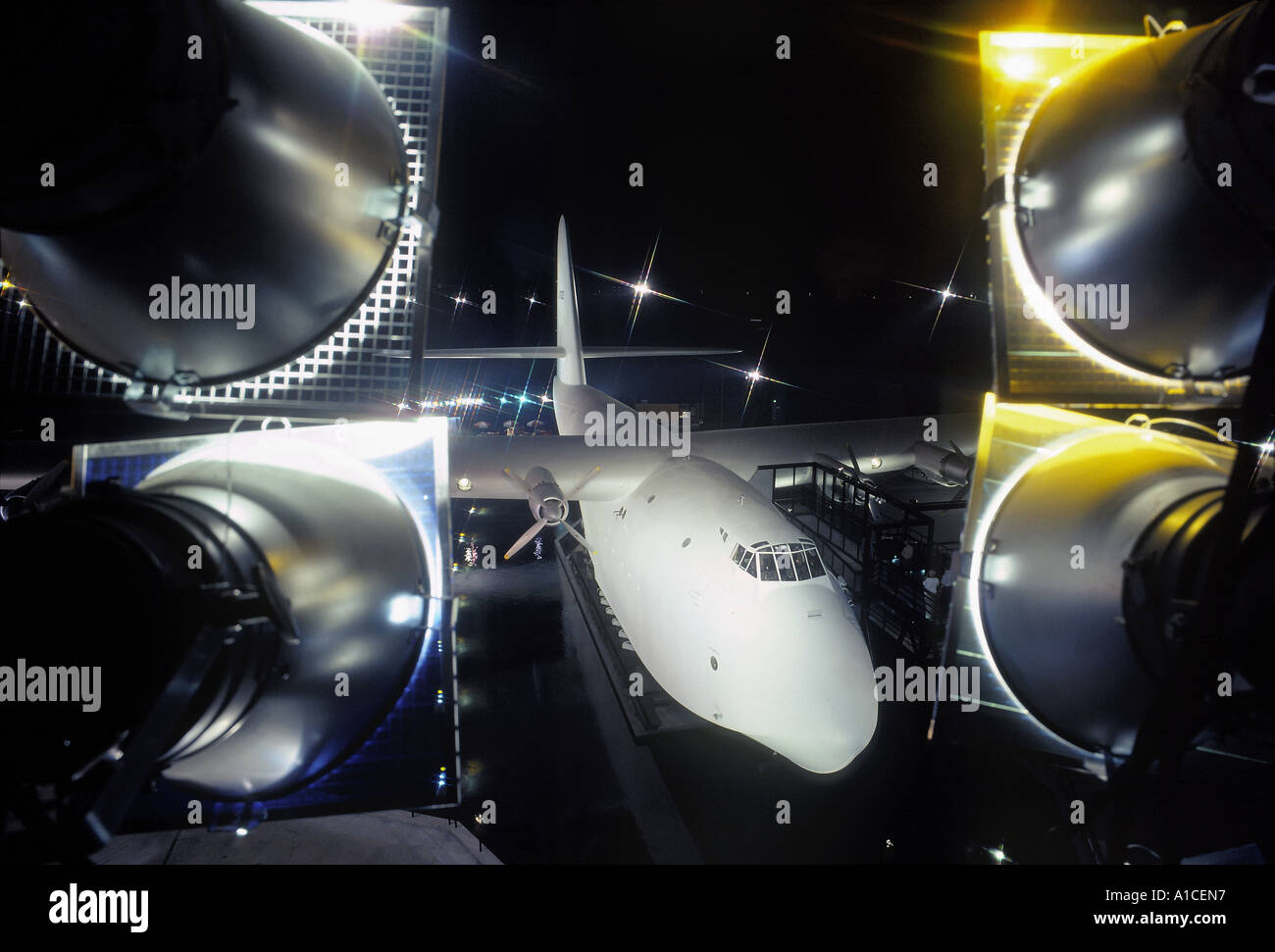 The Spruce Goose as seen from behind a cluster of spotlights inside ...