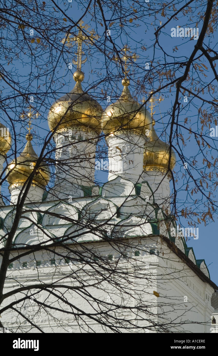 Golden heads of white chirch in orthodox monastery Volokolamsk Russia ...