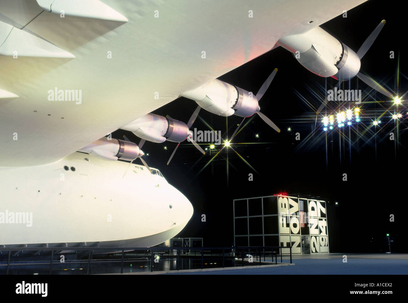 Horizontal view of wing, engines and front end of the Spruce Goose ...