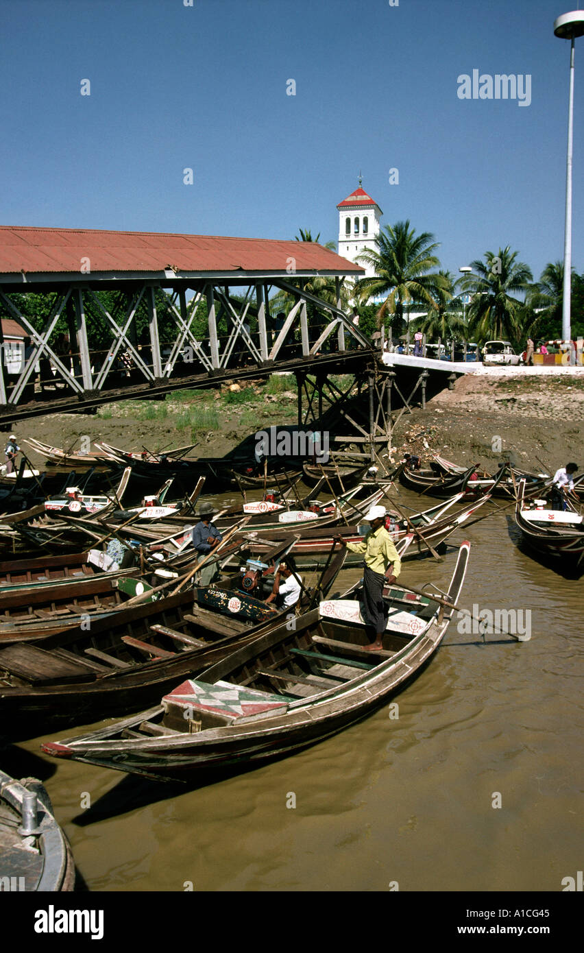 Myanmar Burma Yangon Rangoon boats on Yangon River at Strand Jetty ...
