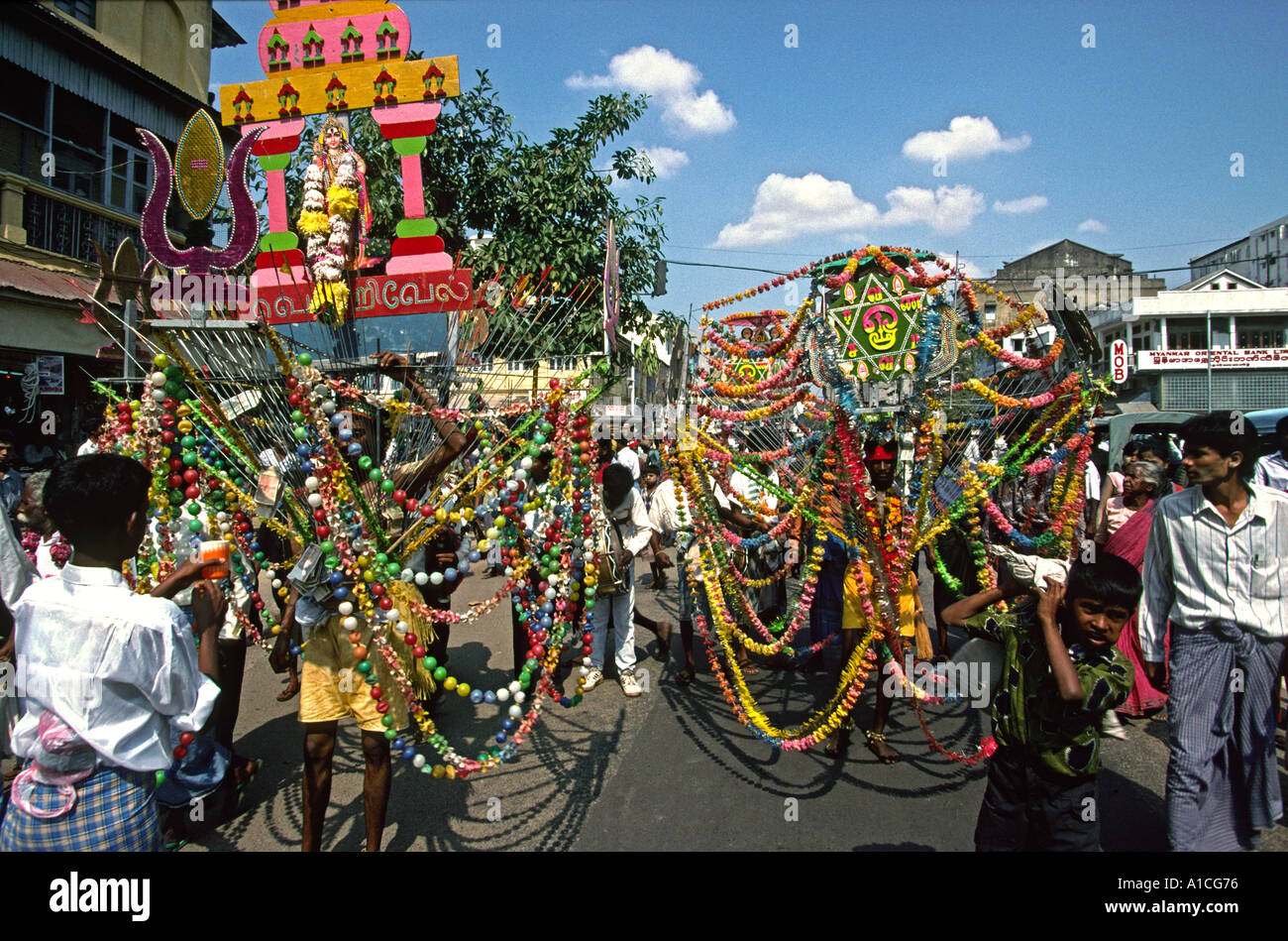 Myanmar Burma Yangon Rangoon Hindu festival procession men dressed with ...