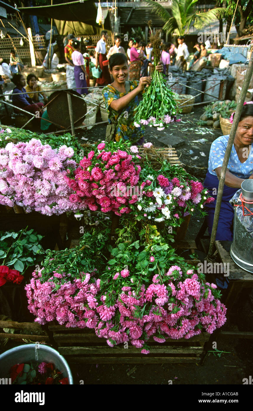 Myanmar Burma Yangon Rangoon flower stall in street market Stock Photo ...