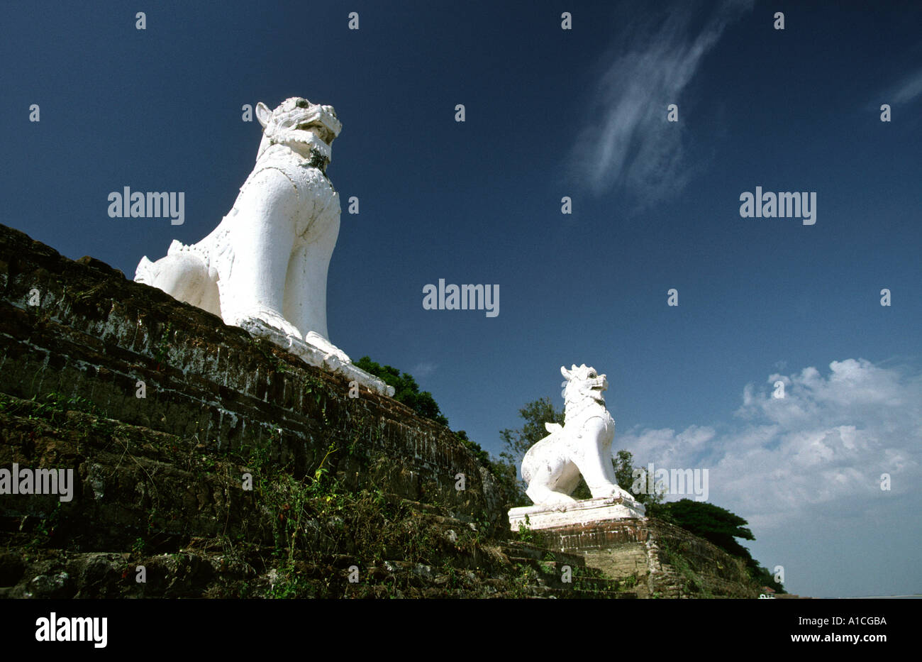 Myanmar Burma Mingun lions guarding entrance to the Settawya Pagoda ...