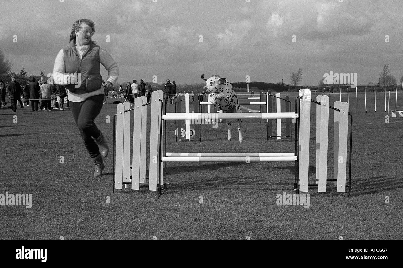 Person running with their dog as it clears a fence at a dog agility ...
