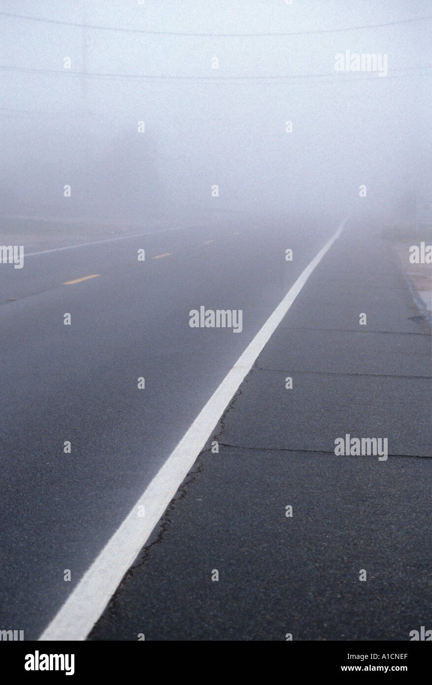 White Line on Foggy Street Stock Photo - Alamy