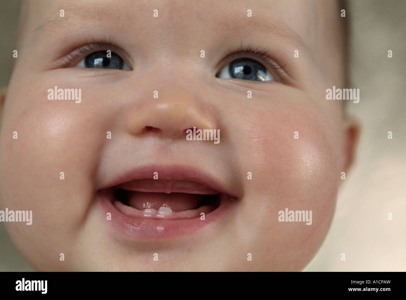 A close up a babys face. The baby is laughing and having fun Stock ...