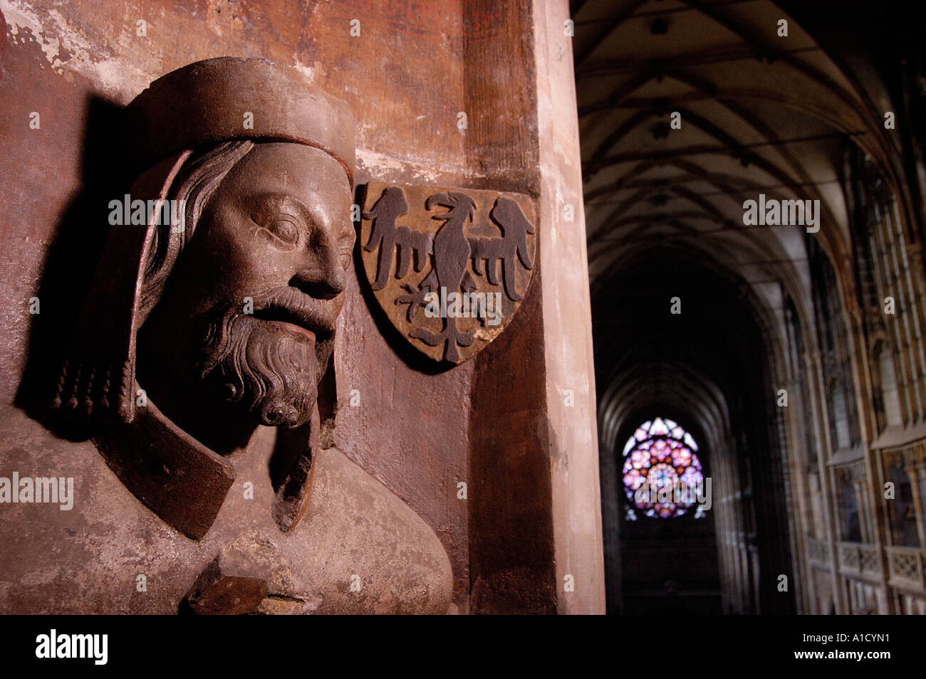 Interior of St Vitus Cathedral Prague Castle. Bust of king of Bohemia ...