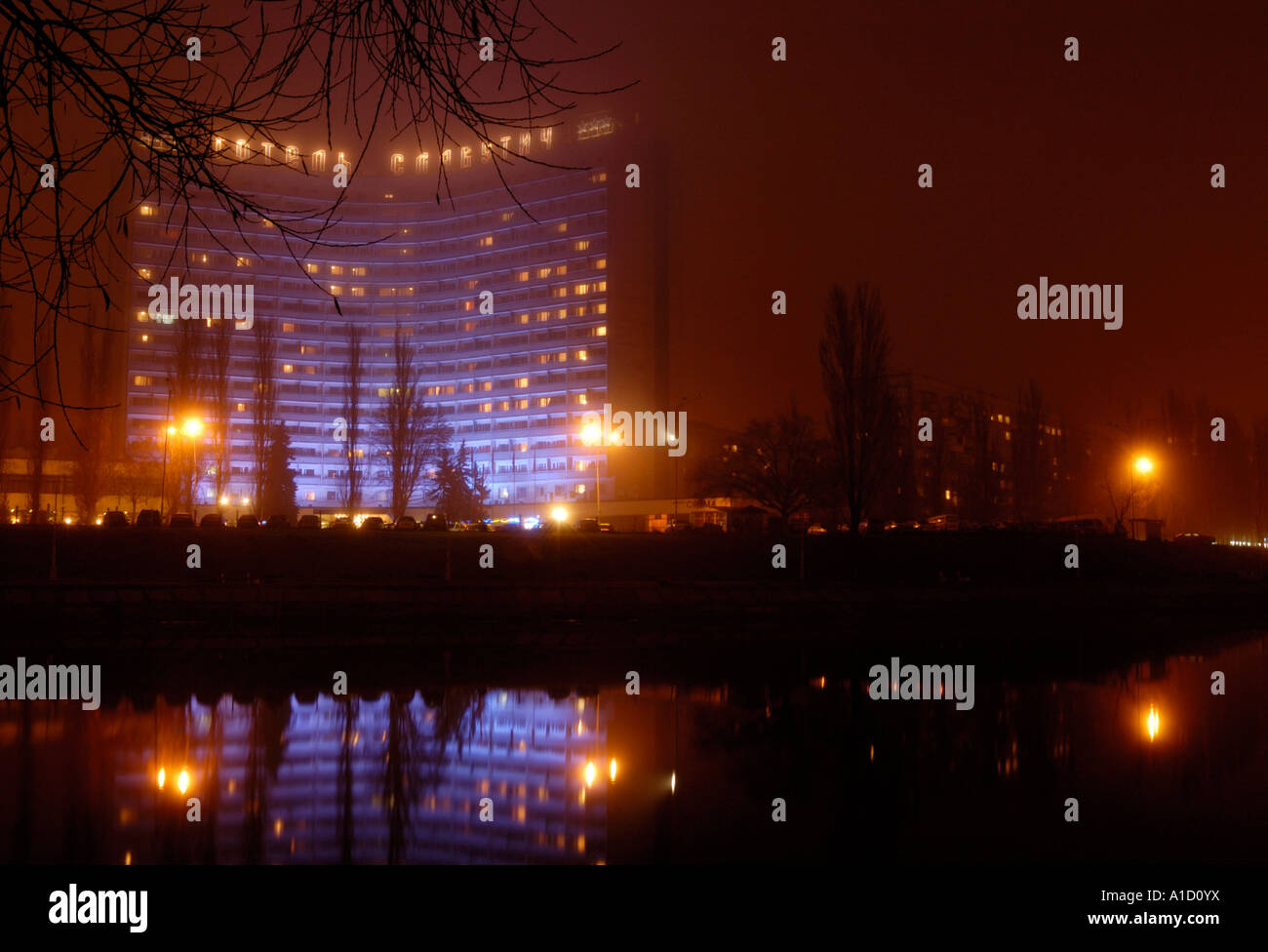 Slavutich hotel at night in Kiev Stock Photo - Alamy