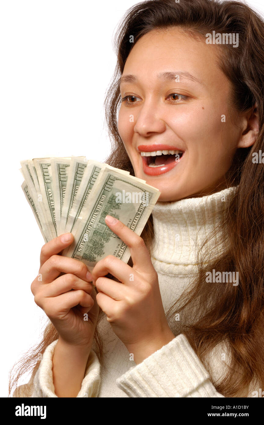 Happy Woman With Hundred Dollar Bills Stock Photo - Alamy