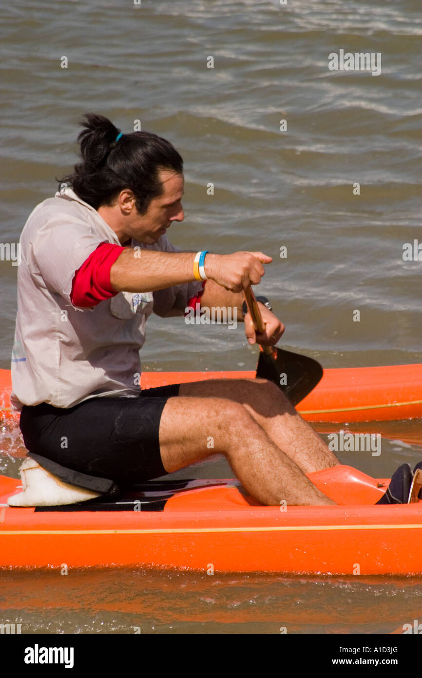 Man on outrigger canoe in Somme estuary St Valery sur Somme French ...