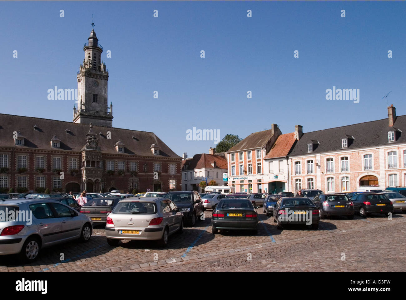 View of market square in centre of Hesdin with municipal buildings and ...