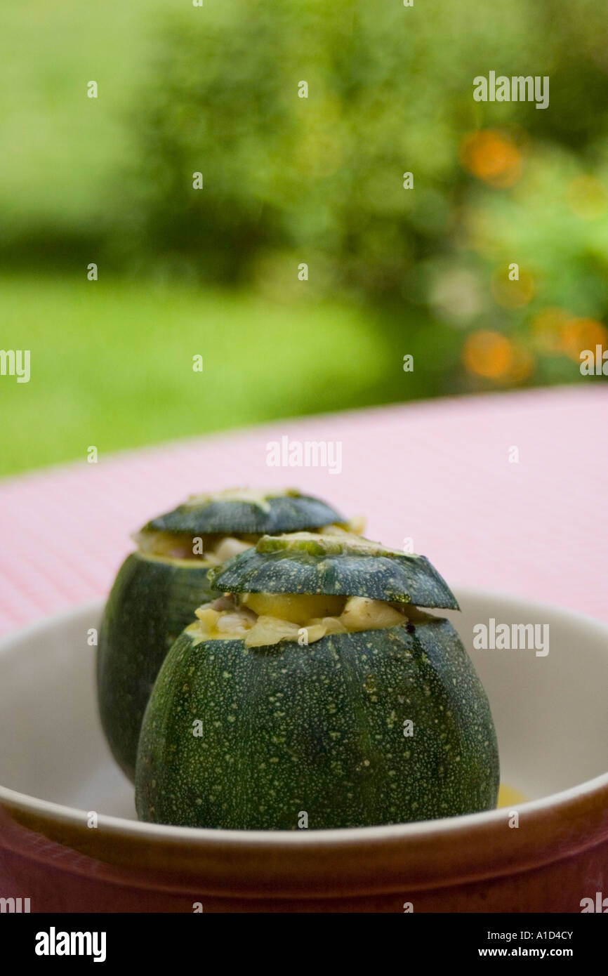 Stuffed courgettes in glazed dish prepared and ready for cooking in ...