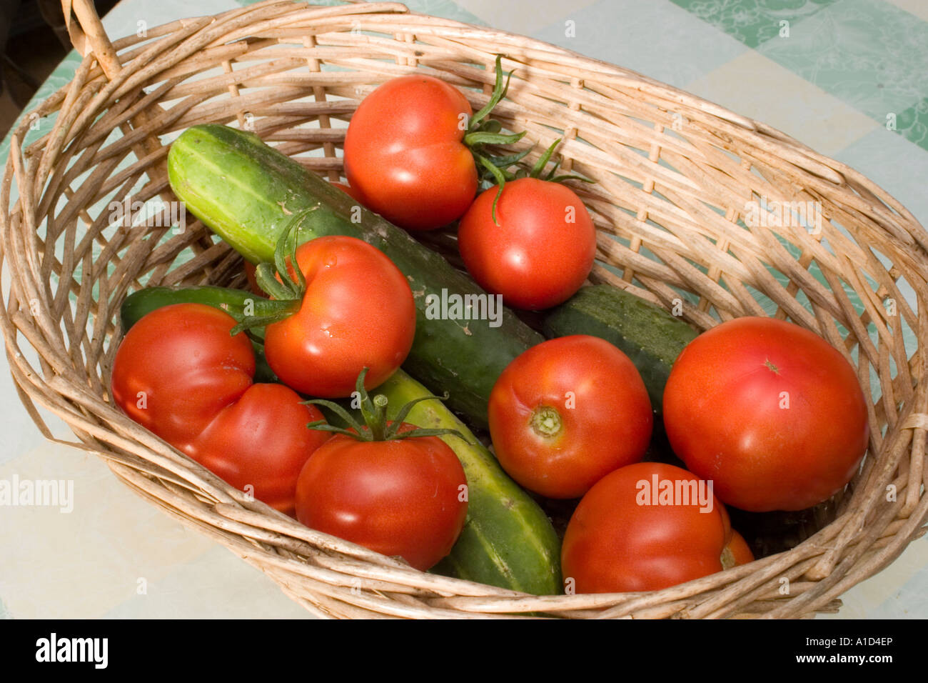 Home grown fresh vegetables in rustic wicker basket on kitchen table ...