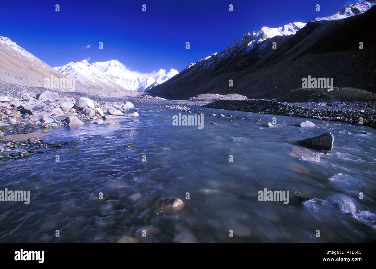 View of the north face of Mount Everest from the Rongbuk Valley in ...
