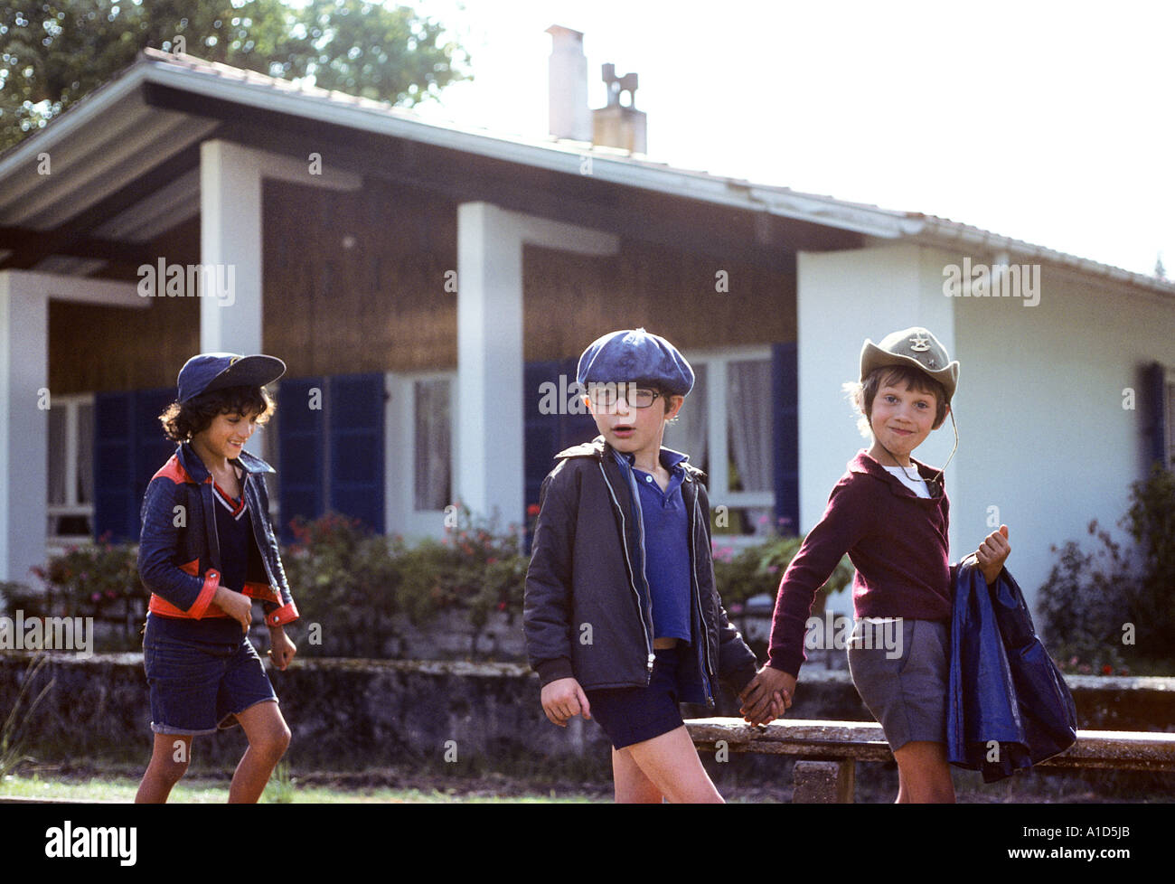 France French young boy child children beret hat short jacket on way to ...