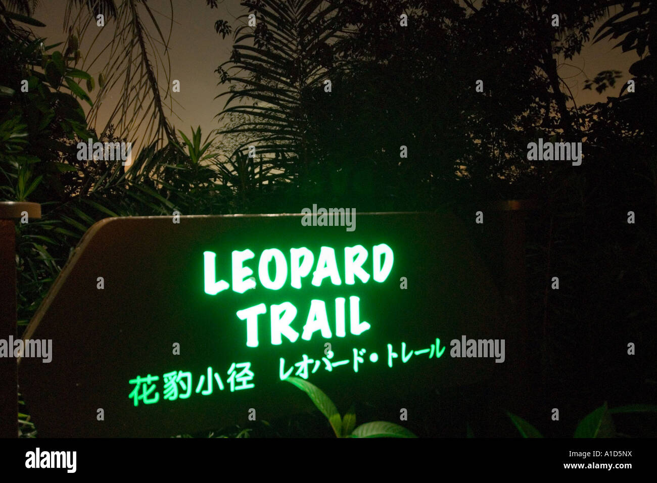 the SINGAPORE NIGHT SAFARI ZOO signboard leopard trail shows the way in ...
