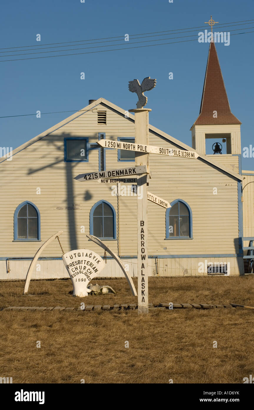 church and mile marker in the Inupiat village of Barrow along the ...