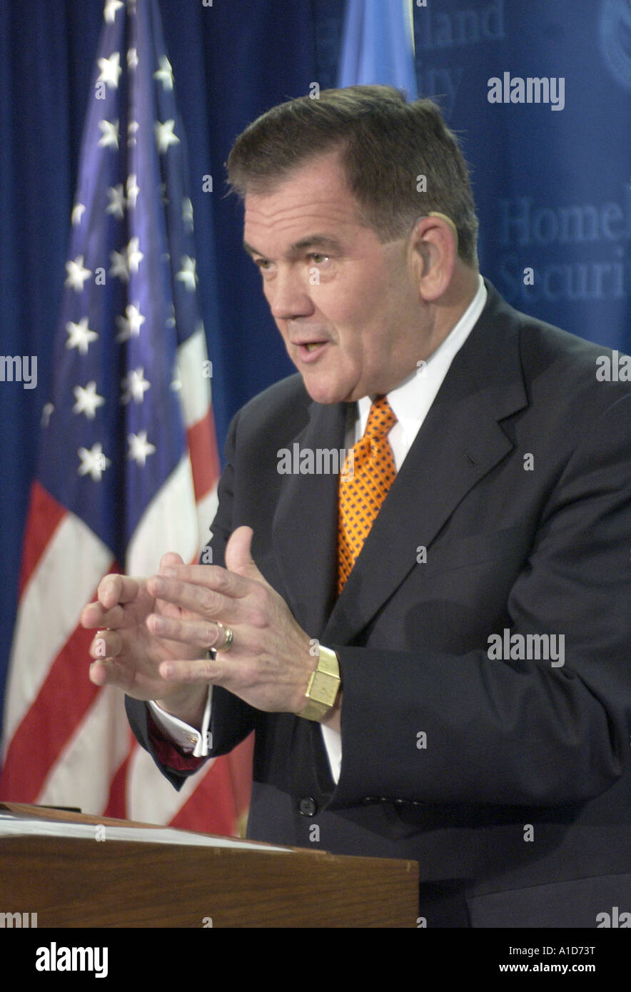 Homeland Security chief Tom Ridge speaks in Washington D C Stock Photo ...