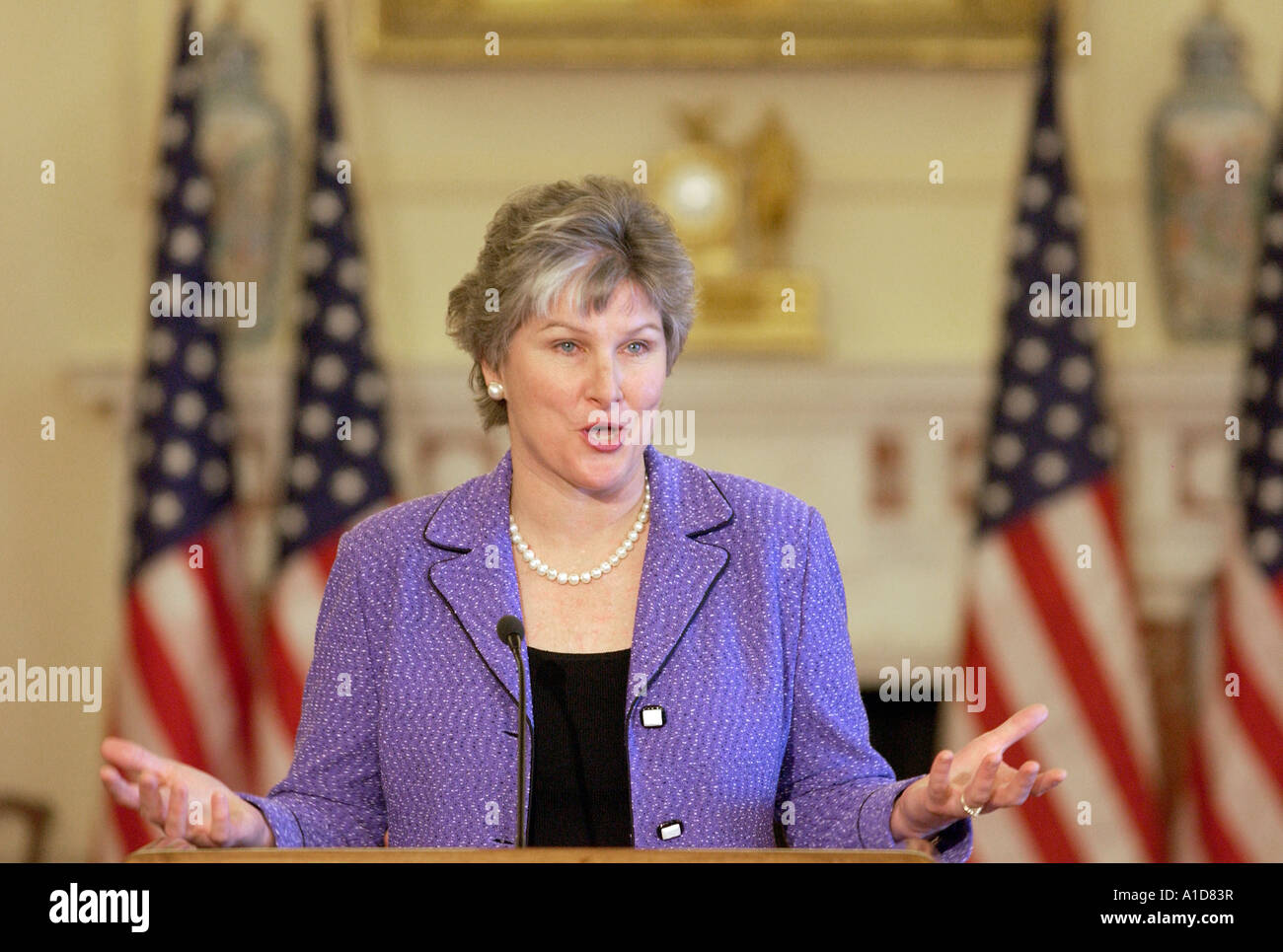 Karen Huges speaks at a news conference at the state department in ...