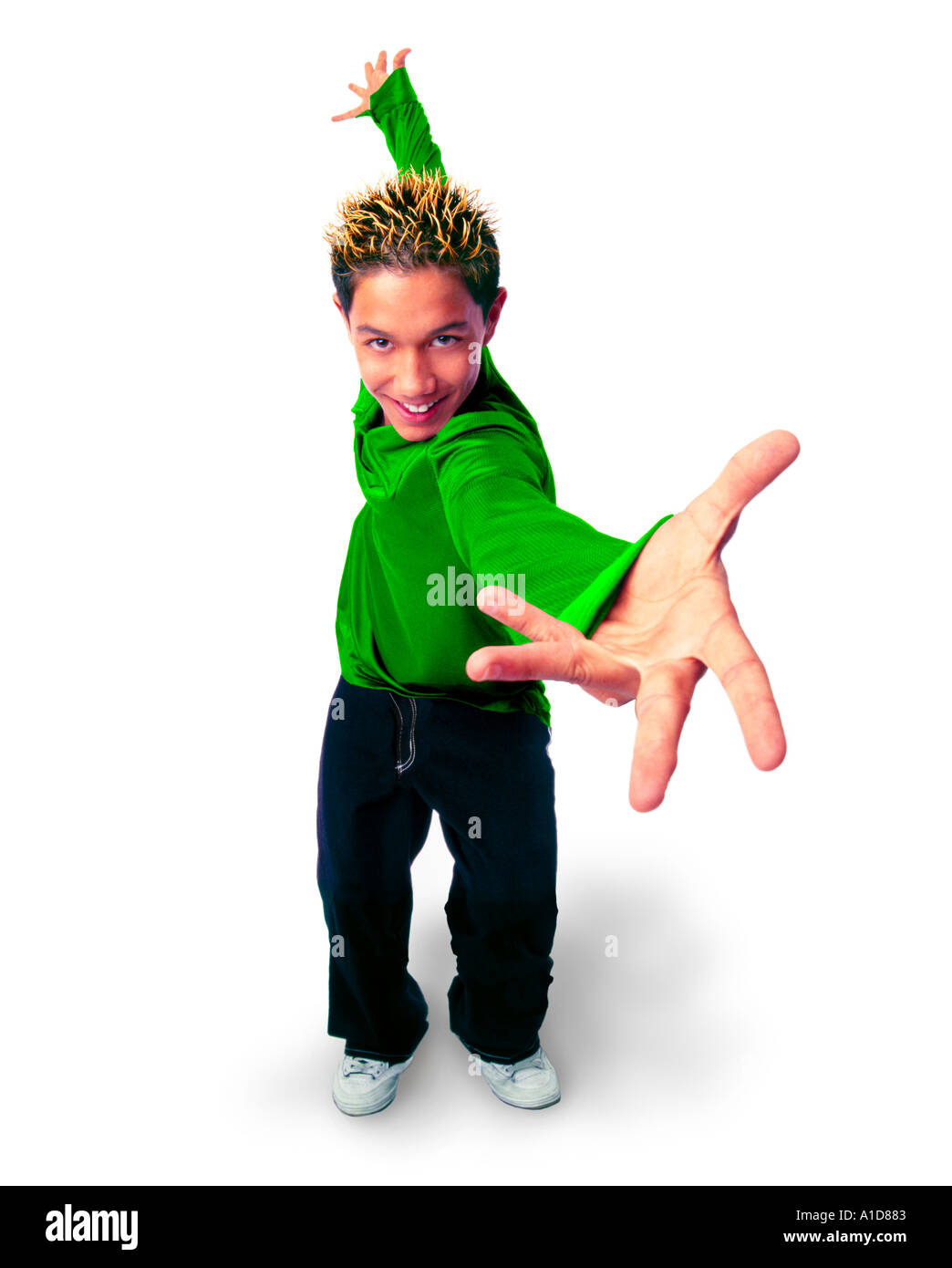 Smiling Teenage boy hand to camera with forced perspective Stock Photo ...