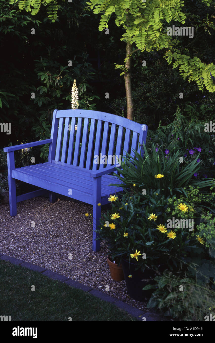 Garden seating area Blue wooden seat Stock Photo - Alamy