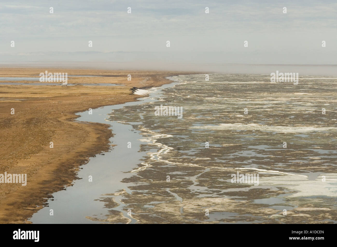 aerial view of spring ice breakup along the coast east of Point Barrow ...