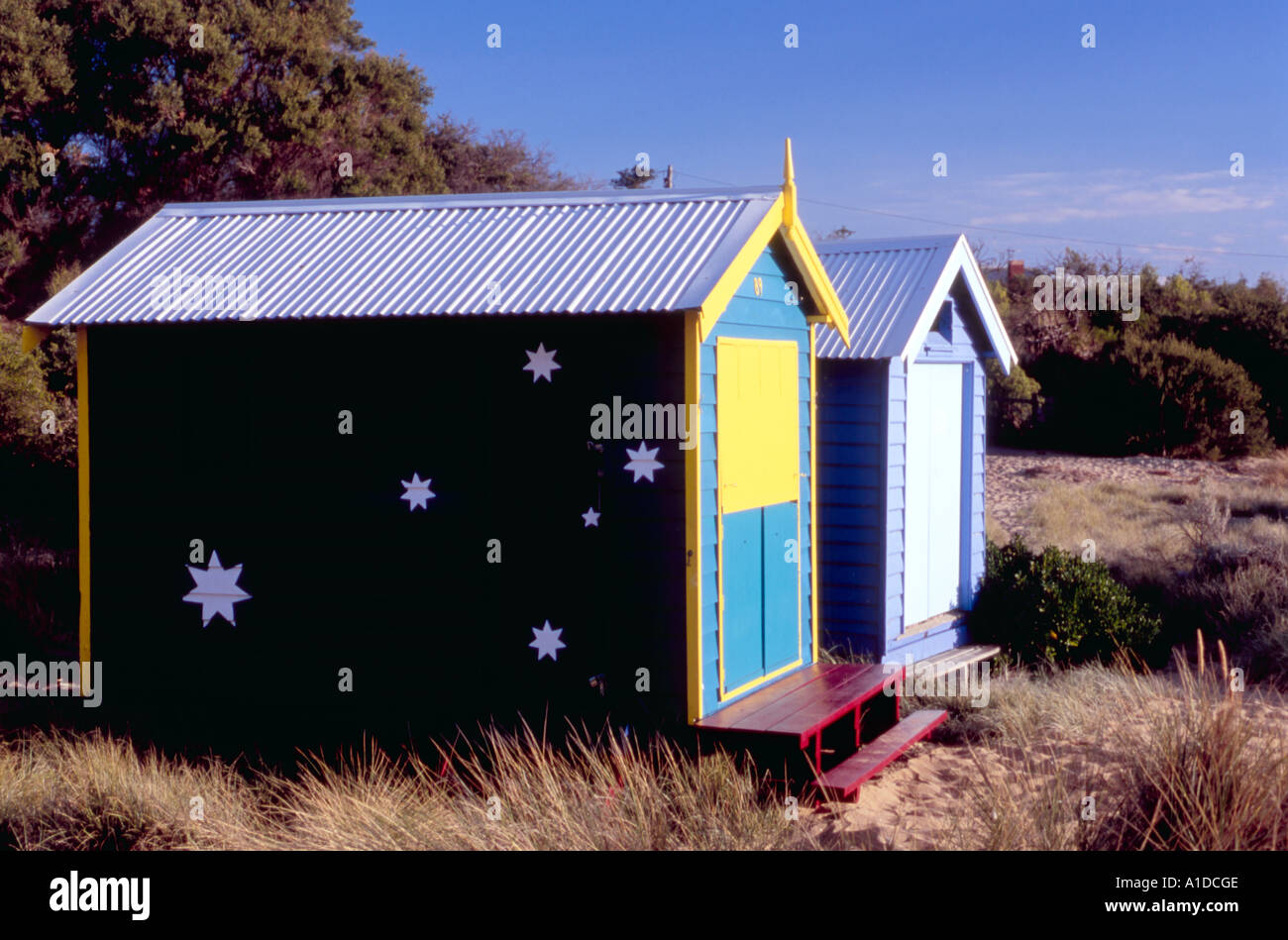 Two iconic colourful beach huts on Brighton Beach, Melbourne Stock ...