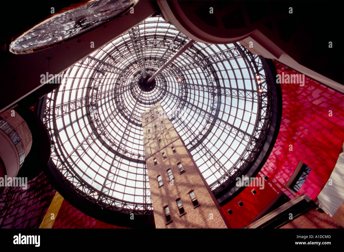 The interior of Melbourne Central shopping mall, showing historic tower ...
