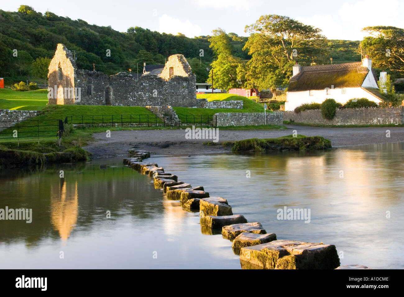 Stepping stones over the River Ogmore Ogmore Castle South Wales Stock ...