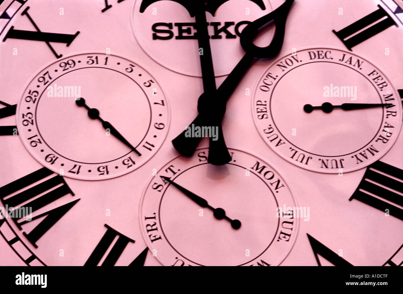 Abstract of a clock face showing hands and dials depicting day date and ...
