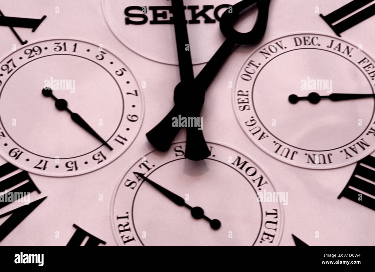Abstract of a clock face showing hands and dials depicting day date and ...