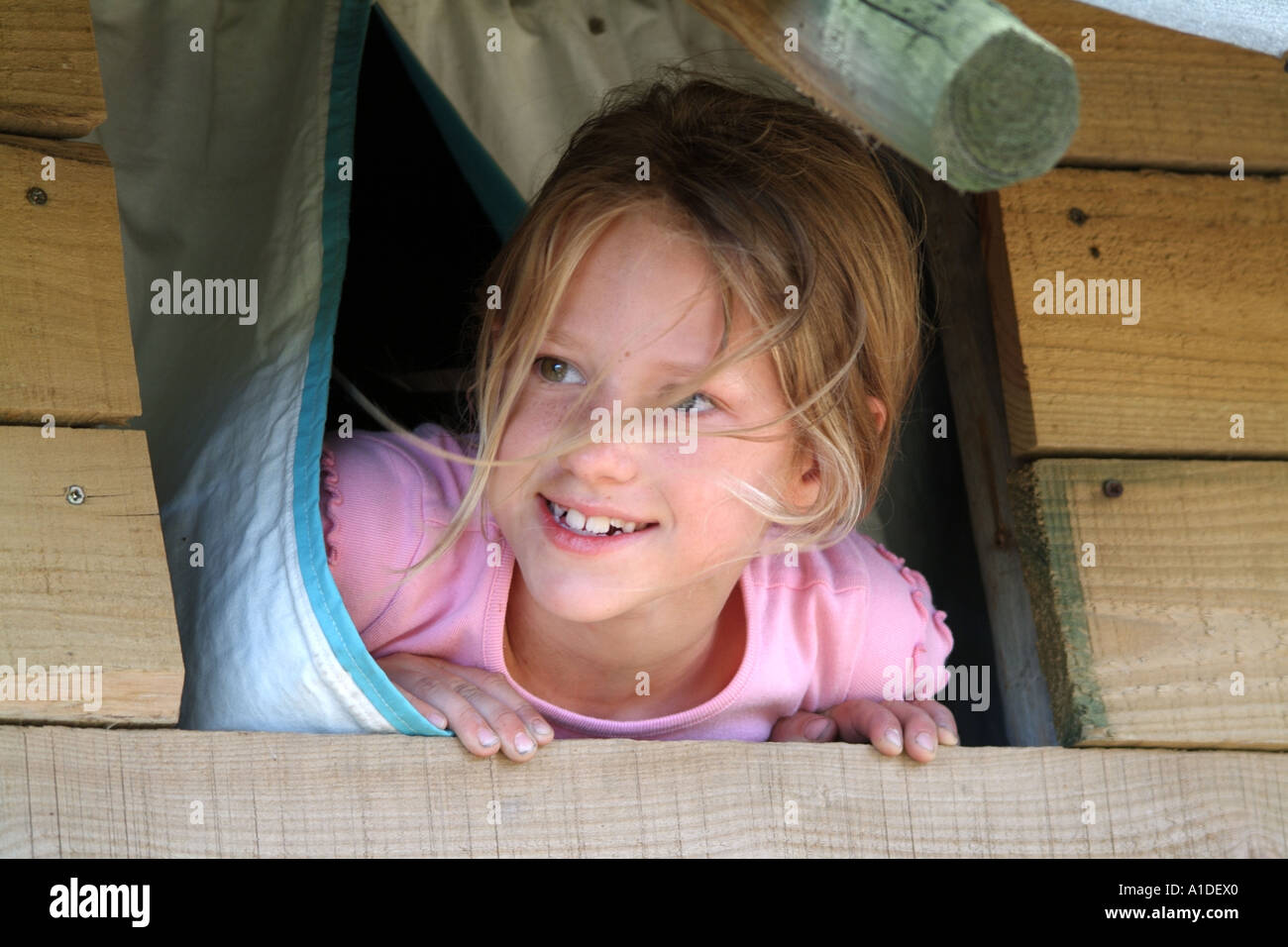 Attractive little fair haired girl looking out of treehouse window ...