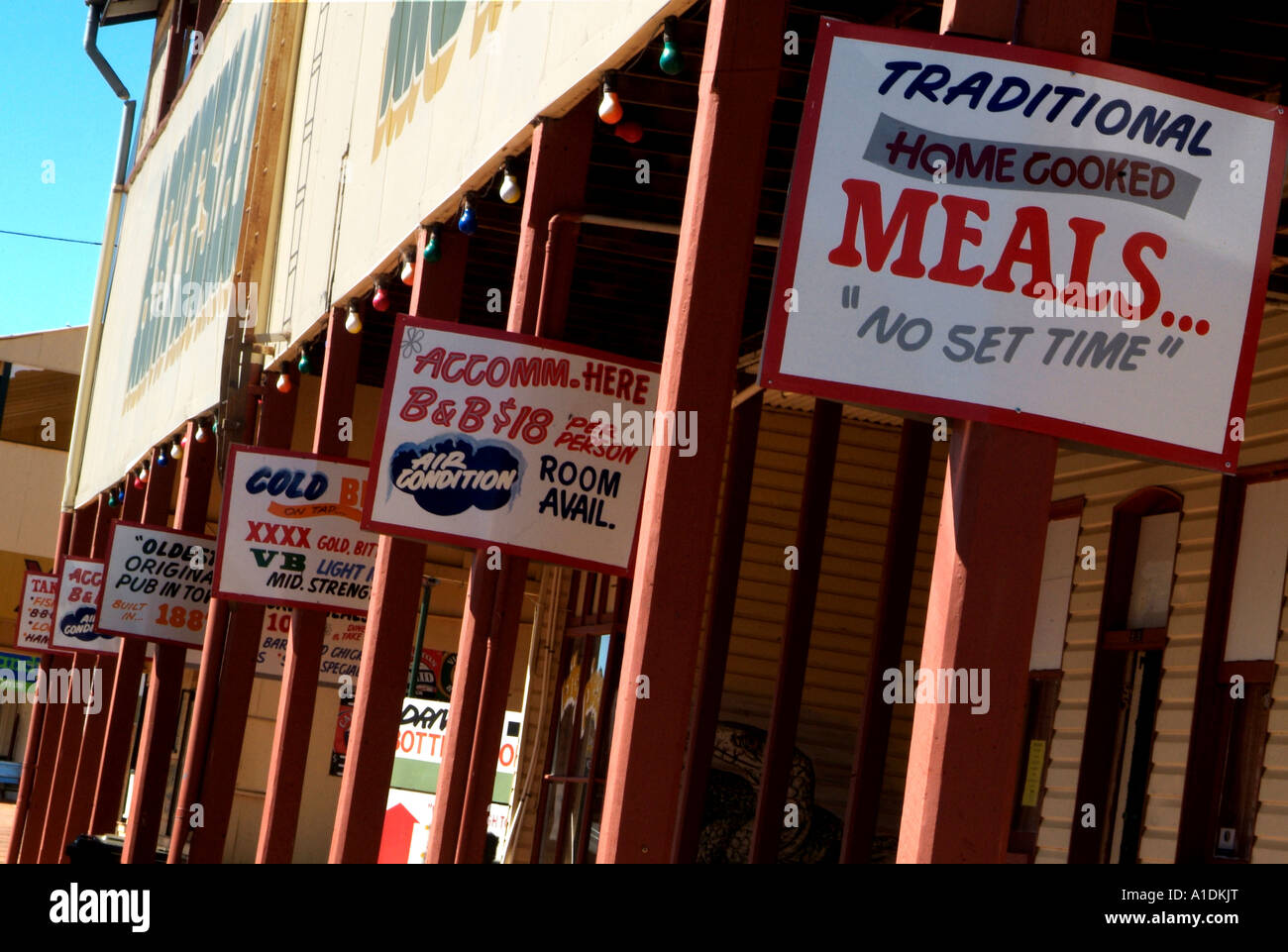 Meals and accommodation signs at an australian country hotel, Bacaldine ...