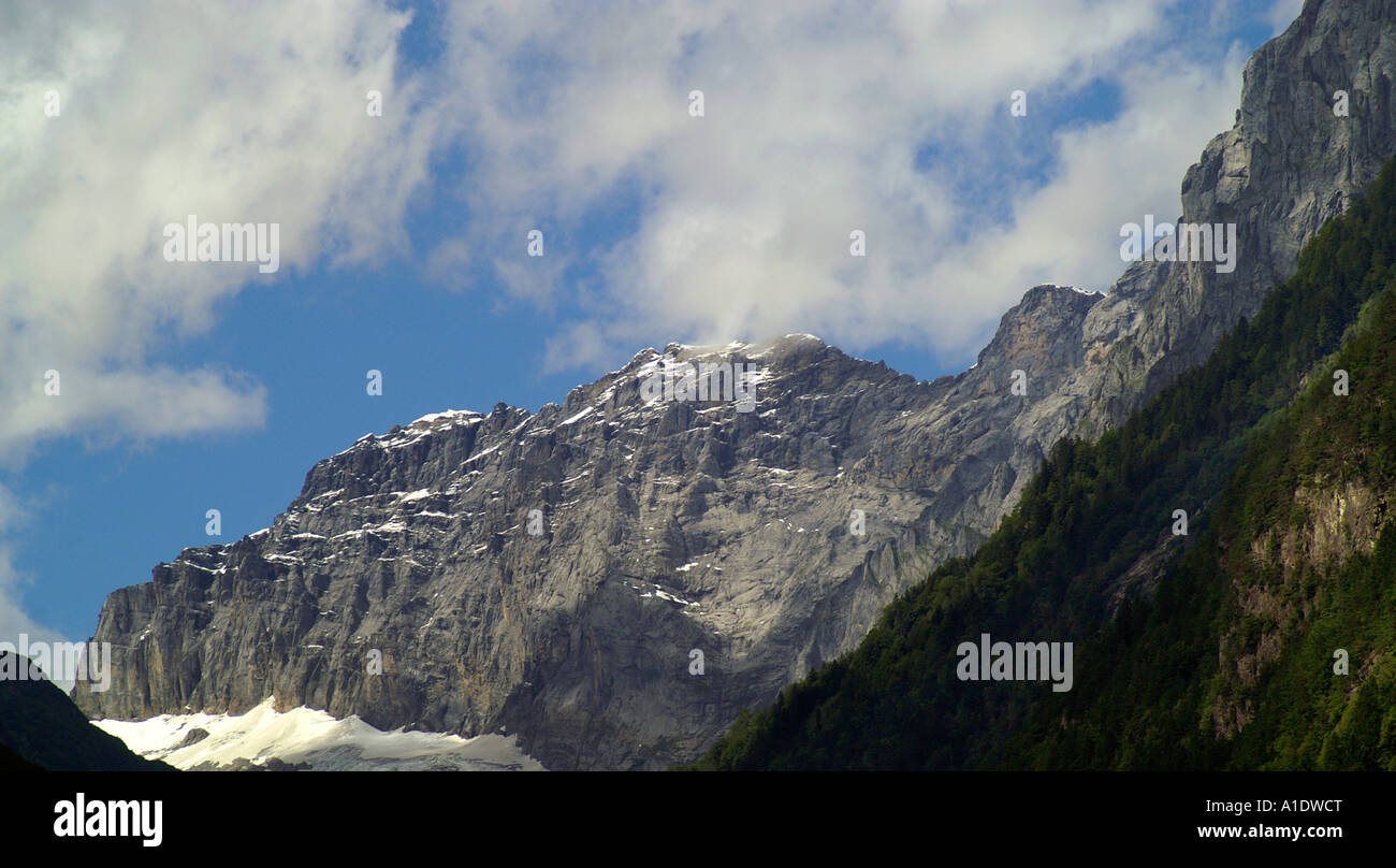 Switzerland Alps peaks and glacier above Reuss river valley, summer ...