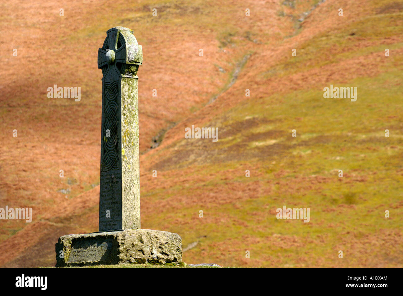 Celtic cross in Scottish moorland, meadow and stone pillar, Scotland ...