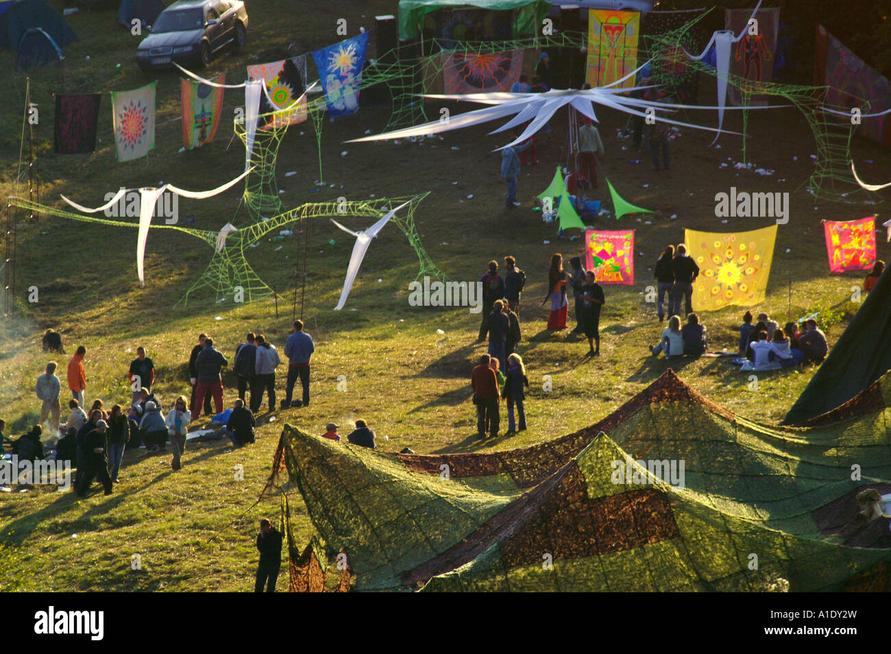 Morning at rave party Spirit of Nature, dancing people outdoors ...