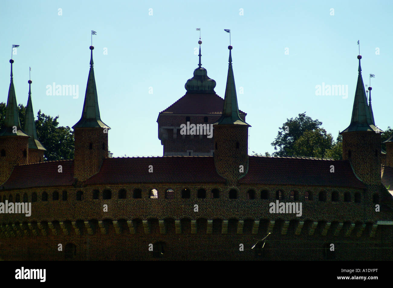 Brick wall of Krakow Barbacan Barbican bastion tower crenelation ...