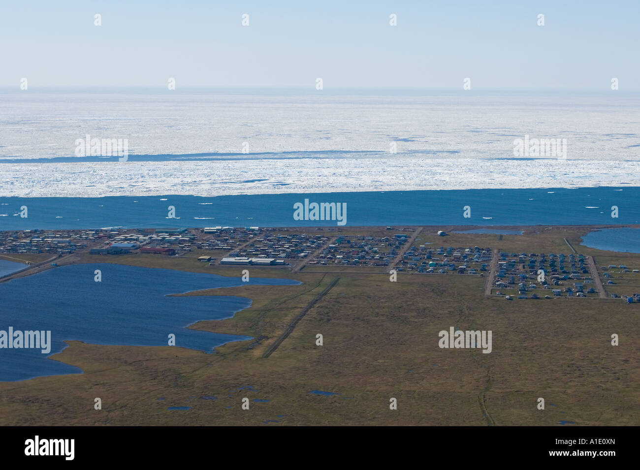 aerial of the Inupiat village Utqiagvik Barrow during spring breakup ...
