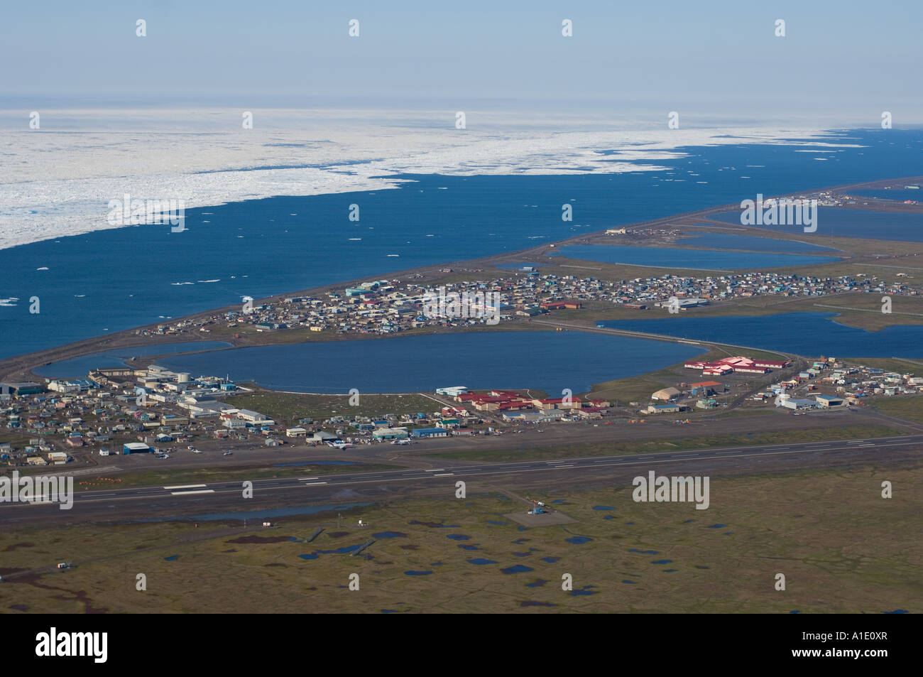 aerial of the Inupiat village Utqiagvik Barrow during spring breakup ...