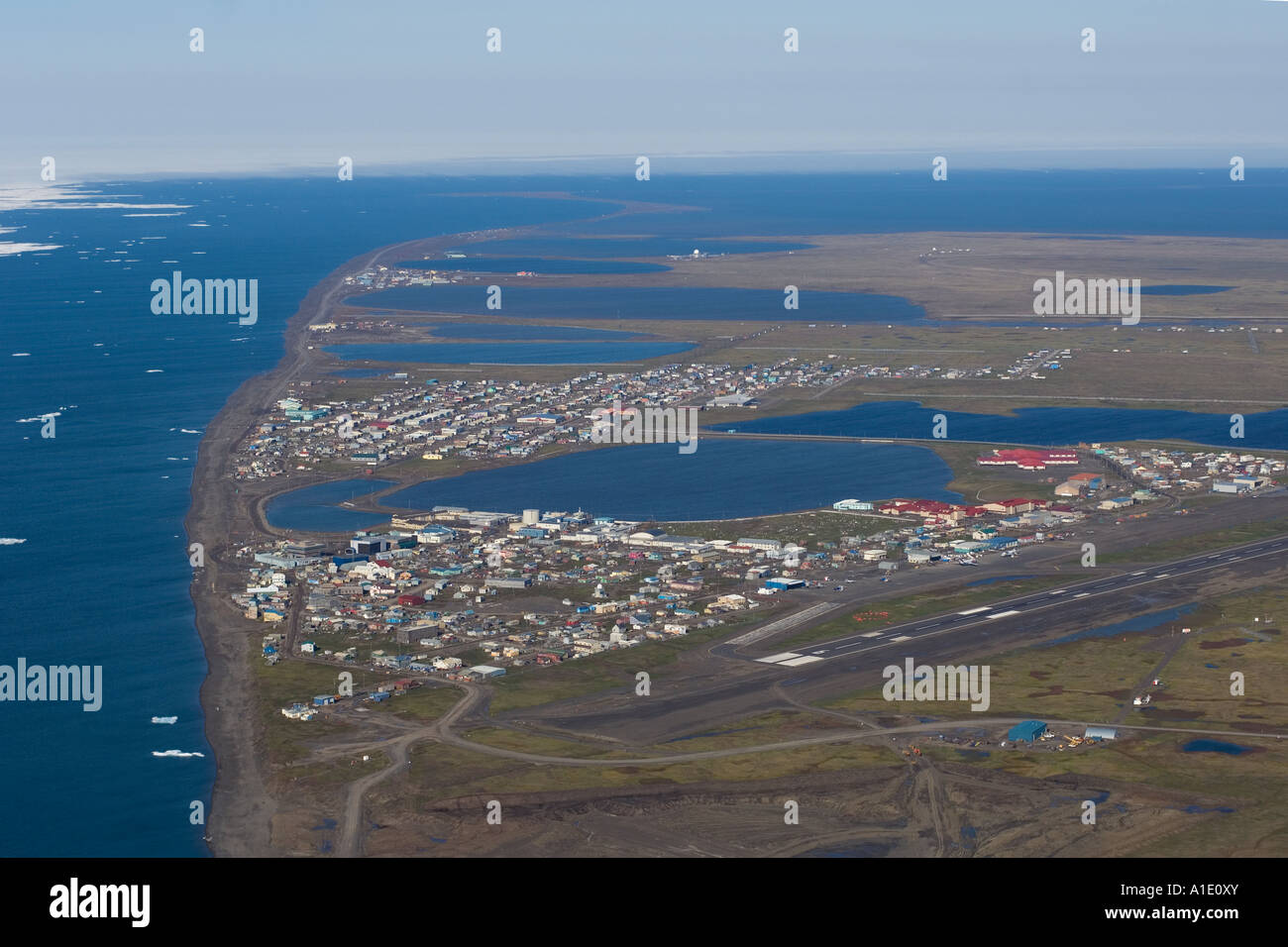 aerial of the Inupiat village Utqiagvik Barrow during spring breakup ...