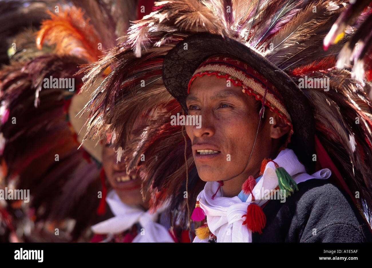 PERU Feathered headdresses on dancers at the Puno Festival Lake ...