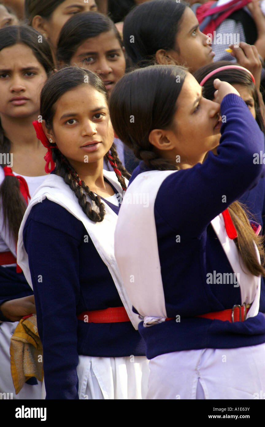 Young indian child kid girl boy school trip at Qutb Minar in New Delhi ...