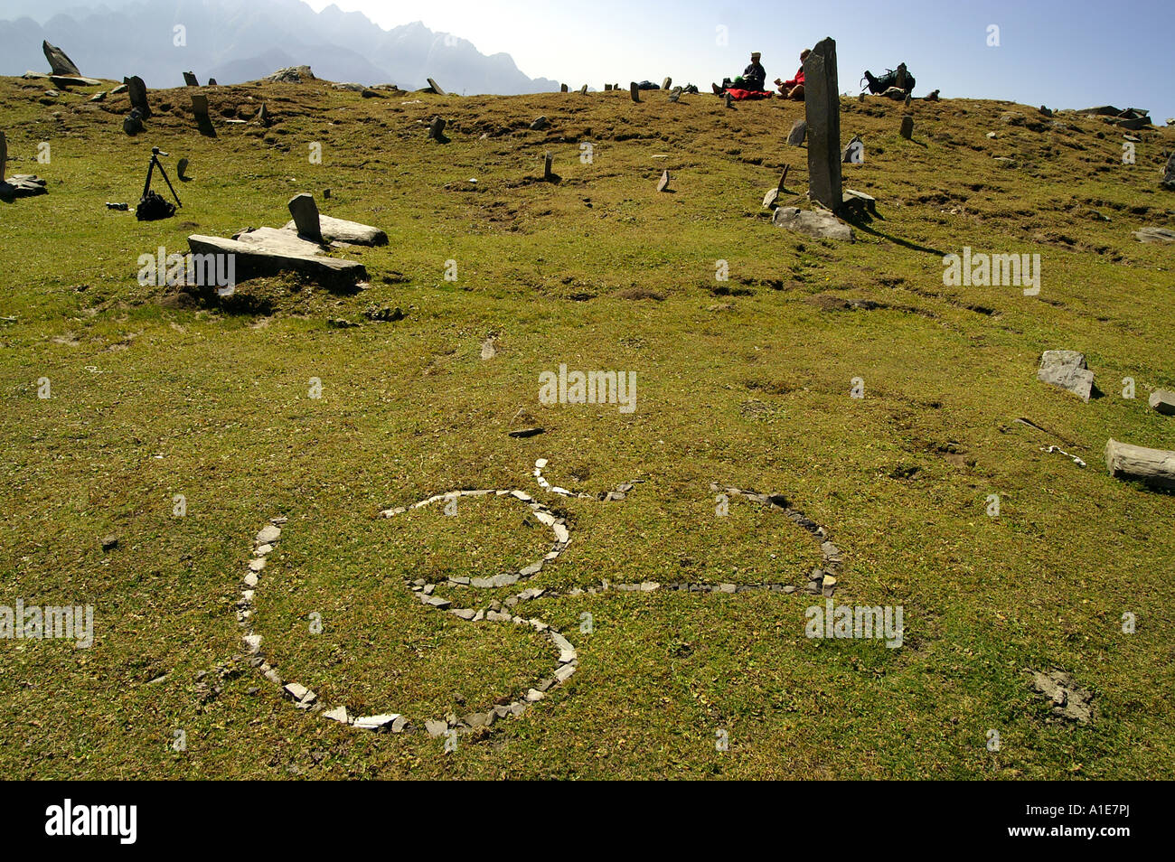 Chandra Kanni pass and maen hirs and OM holy symbol on alpine meadow ...