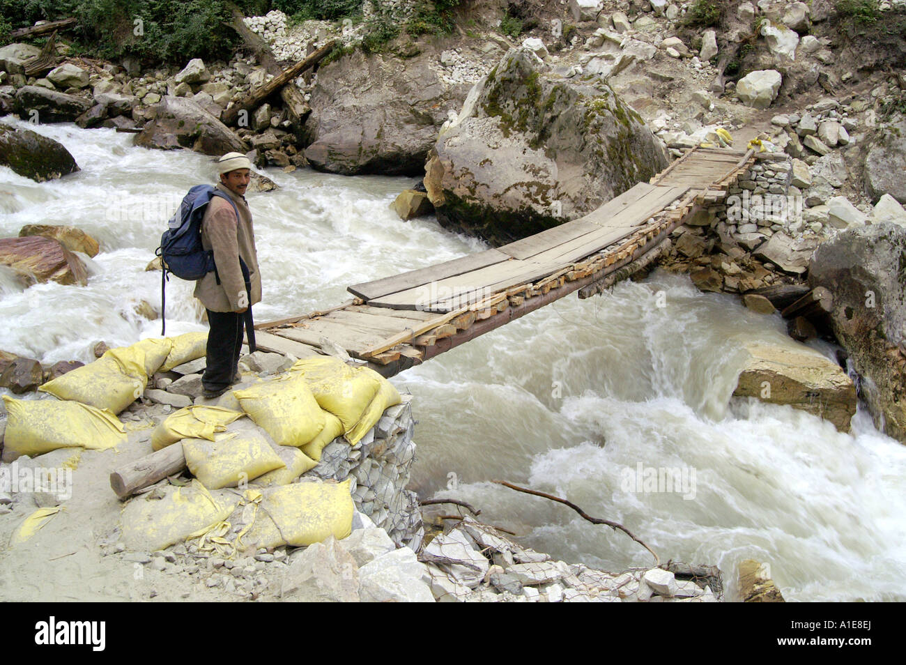 Local indian man standing at flimsy bridge over Malana river under ...